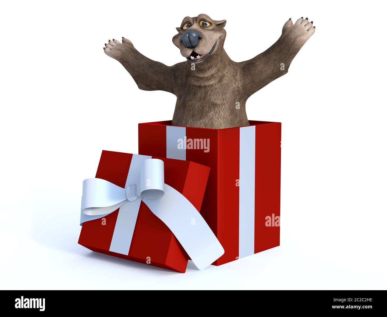 3D rendering of a charming cartoon bear popping out of a red gift box ...