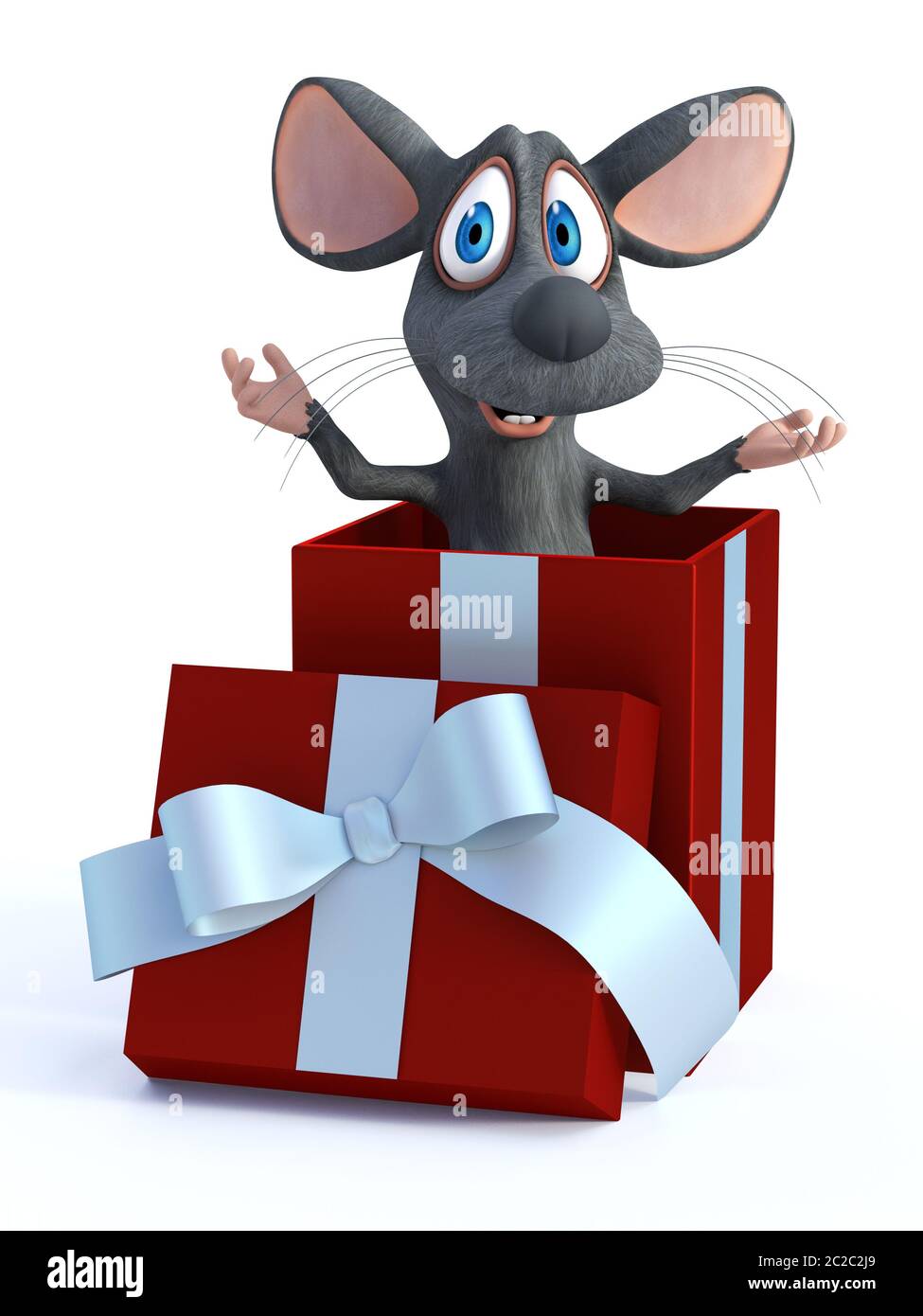 3D rendering of a cute smiling cartoon mouse popping out of a red gift ...