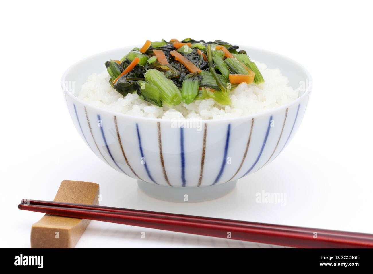 Japanese cooked rice with nozawana vegetable on white background Stock ...
