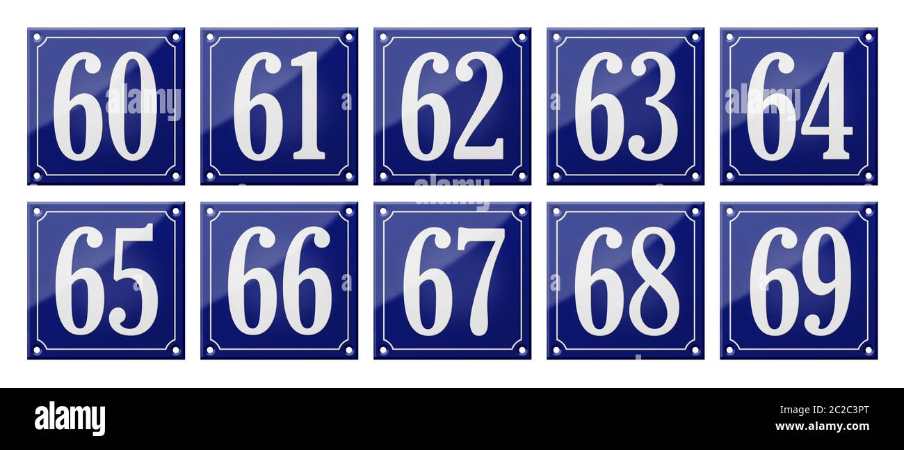 Set of traditional blue enamel signs - Numbers 60- 69 Stock Photo - Alamy