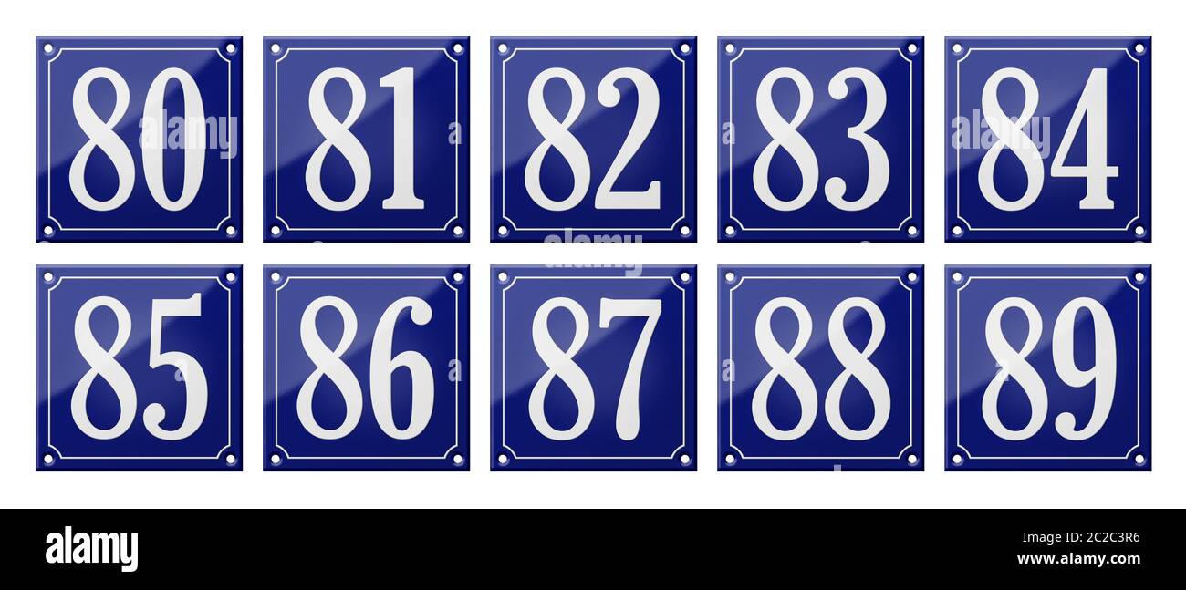 Set of traditional blue enamel signs - Numbers 80- 89 Stock Photo - Alamy