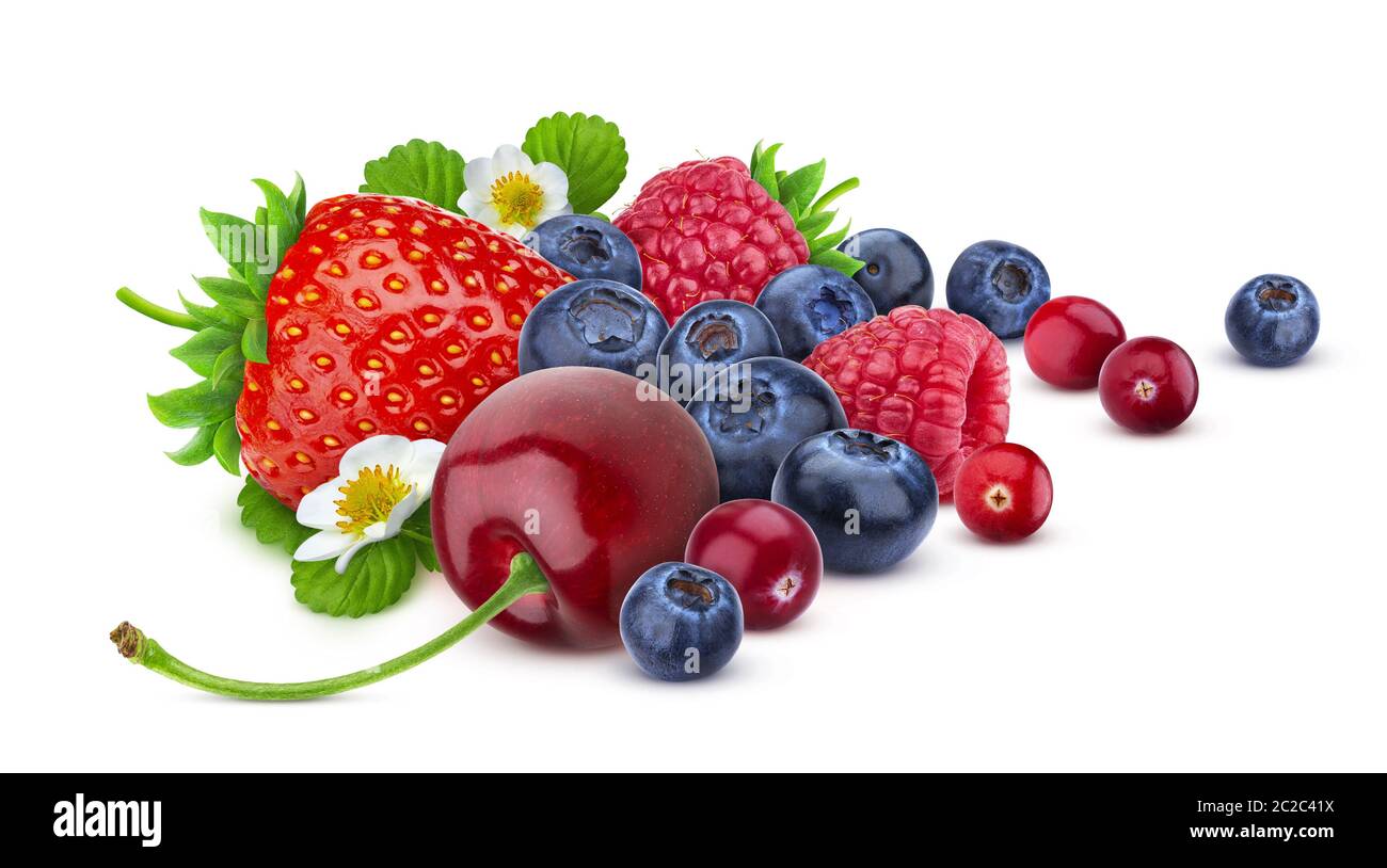 Pile of different wild berries isolated on white background with ...