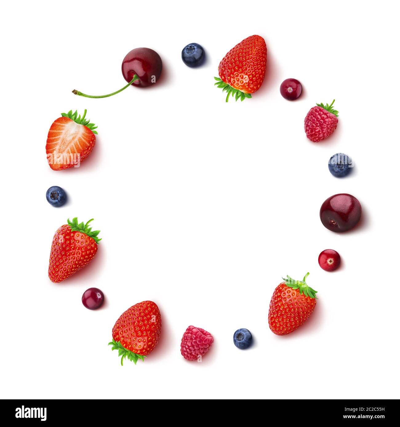 Berry isolated on white background, top view, round frame of different ...
