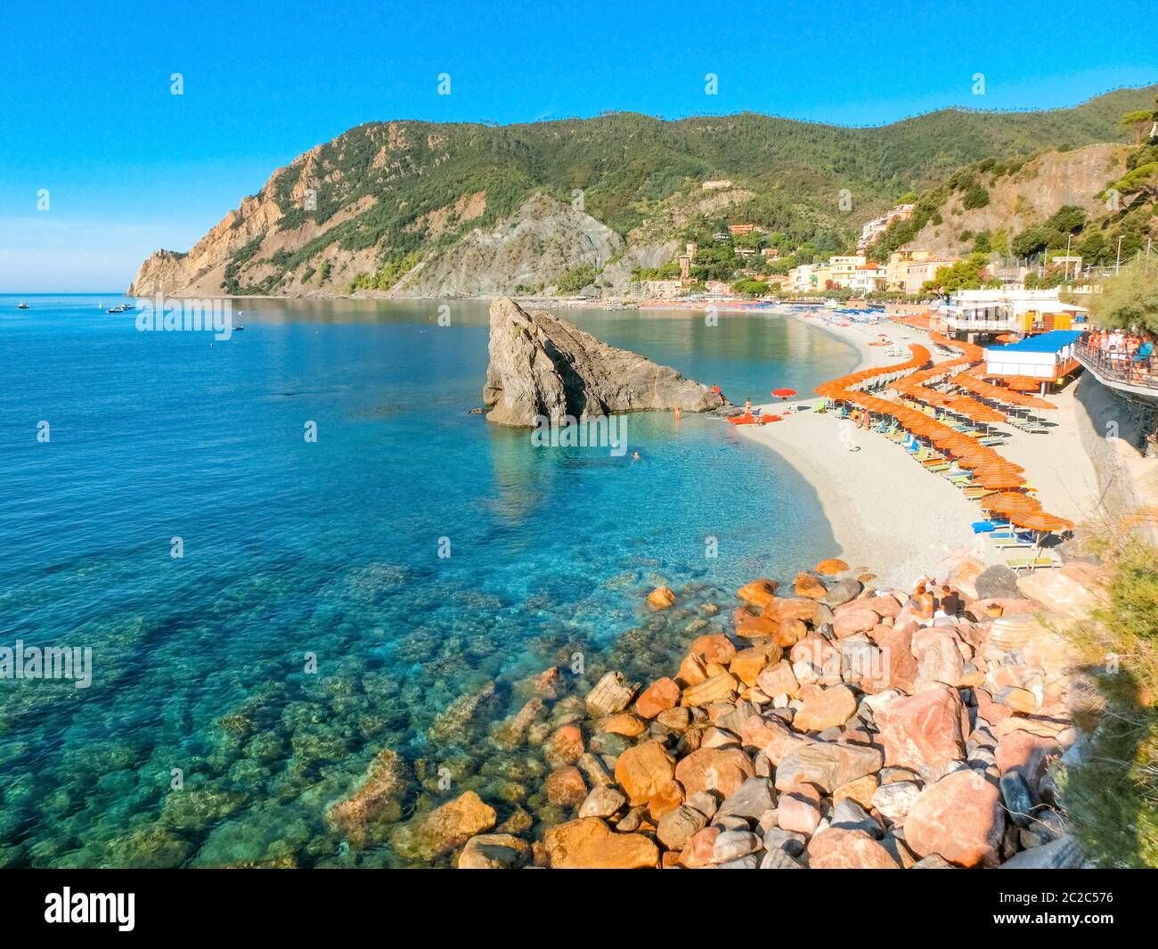 Panorama of Monterosso al Mare Beach, in summer season, a coastal ...