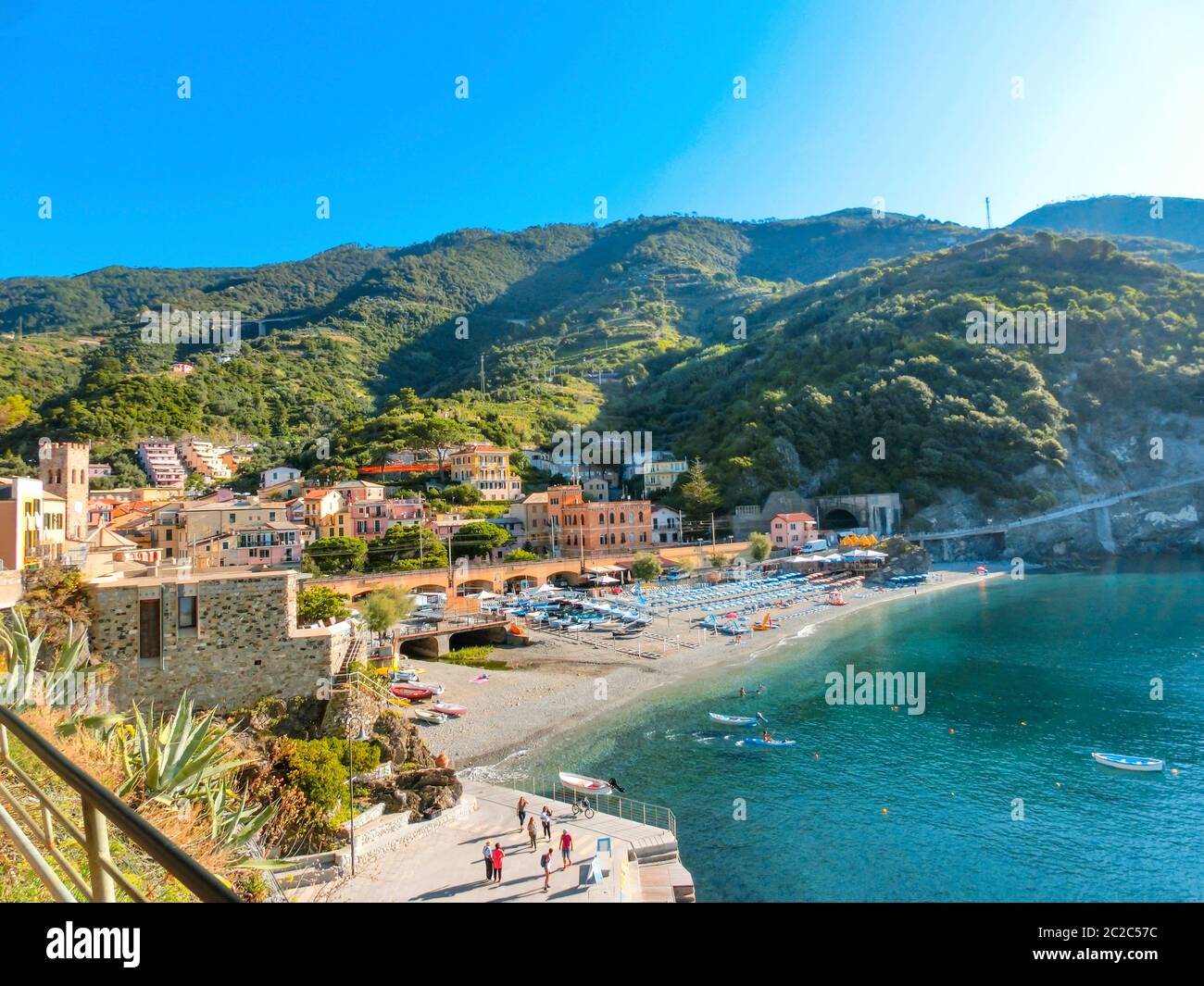 Panorama of Monterosso al Mare Beach, in summer season, a coastal ...