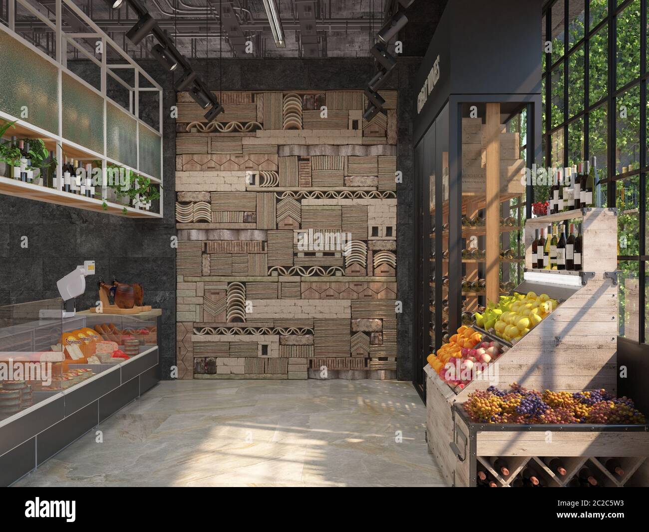 Interior design of a delicatessen grocery store. Loft style. The ...