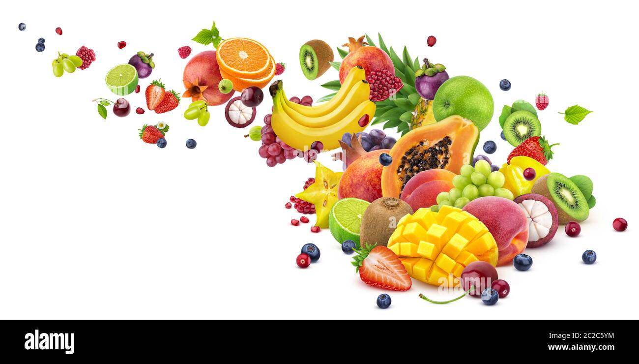Falling exotic fruits harvest isolated on white background Stock Photo ...