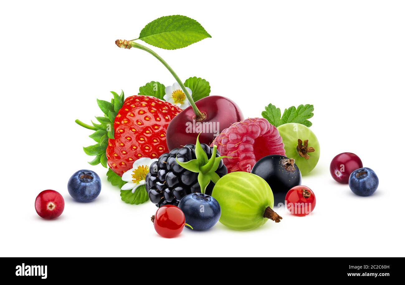 Different forest berries isolated on white background Stock Photo - Alamy