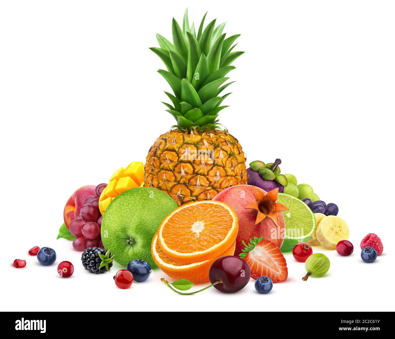 Heap of different whole and sliced tropical fruits isolated on white ...