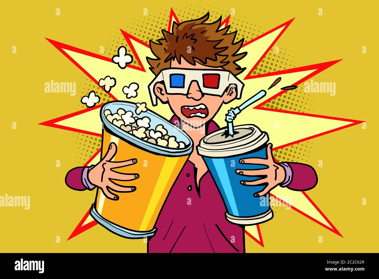 scared boy in stereo glasses at the cinema with popcorn and cola. Comic ...