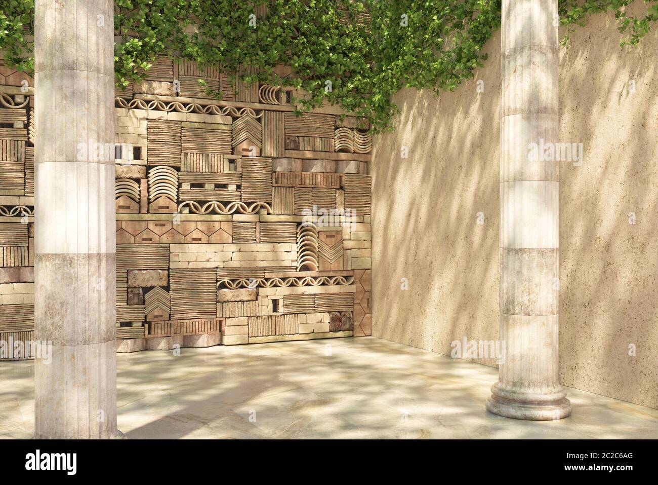 Empty corner of an ivy-covered decorative wall and old columns. Wall of ...