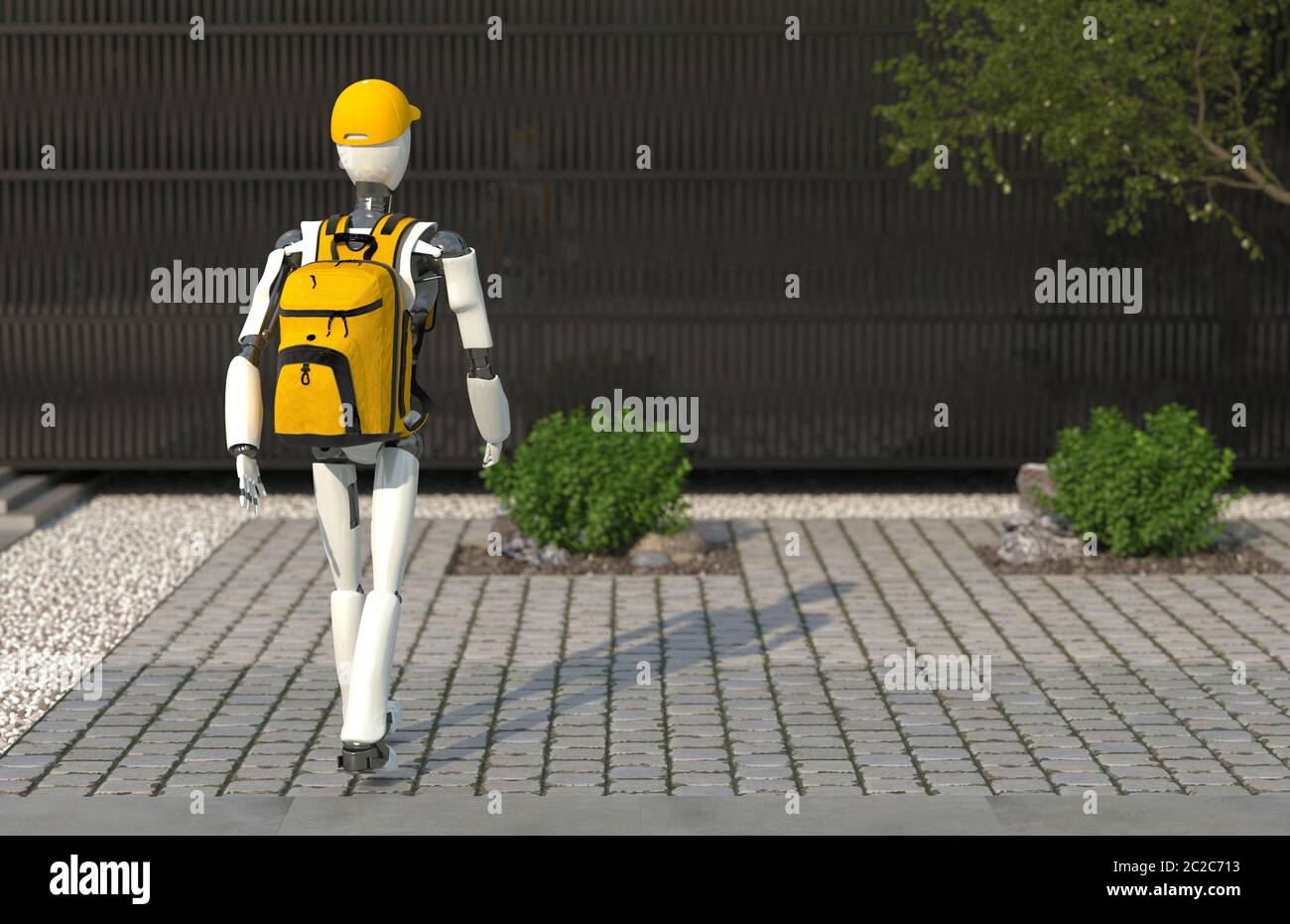 Humanoid robot in a uniform with a yellow backpack. Robot courier ...