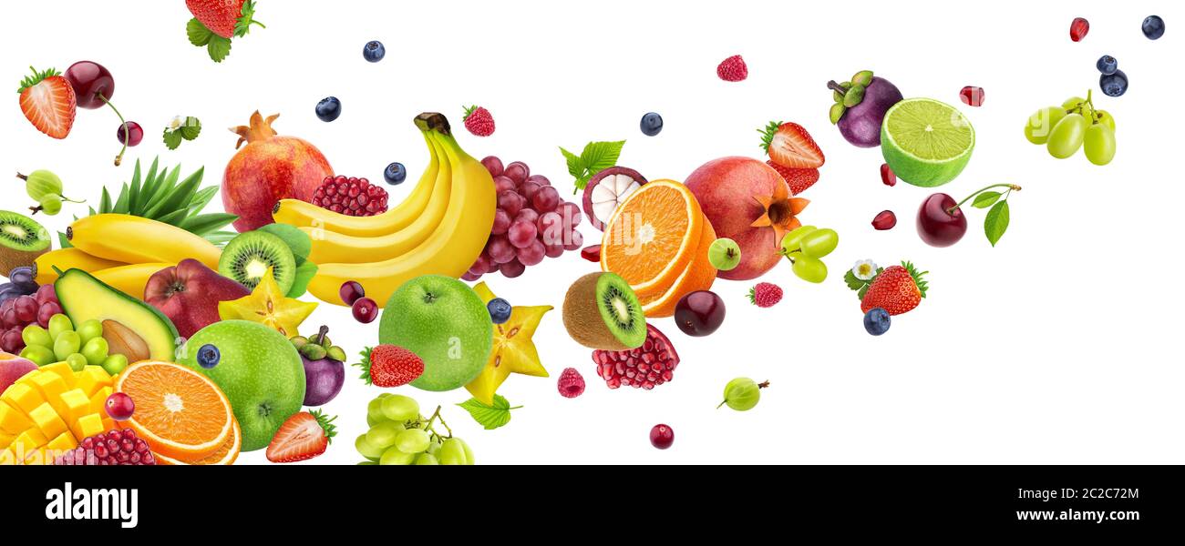 Flying fruits and berries isolated on white background Stock Photo - Alamy