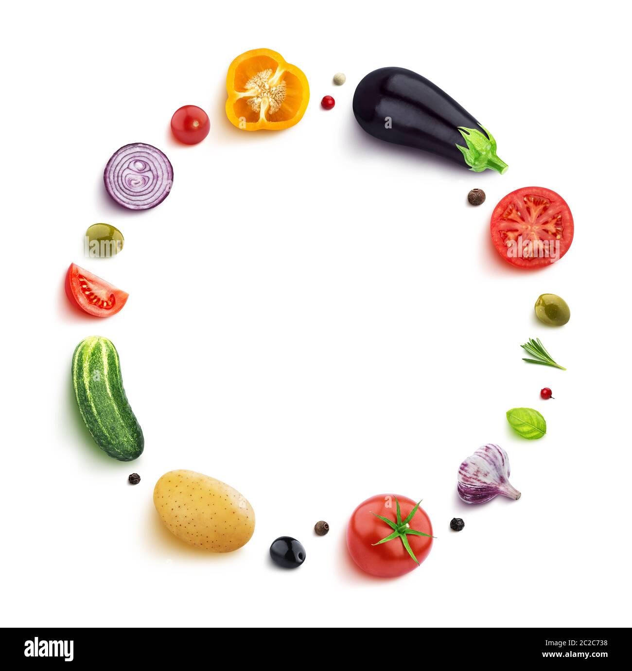 Vegetables isolated on white background, top view, round frame of ...