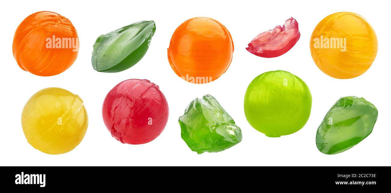 Multicolor sweet lollipop whole and bitten pieces set Stock Photo - Alamy