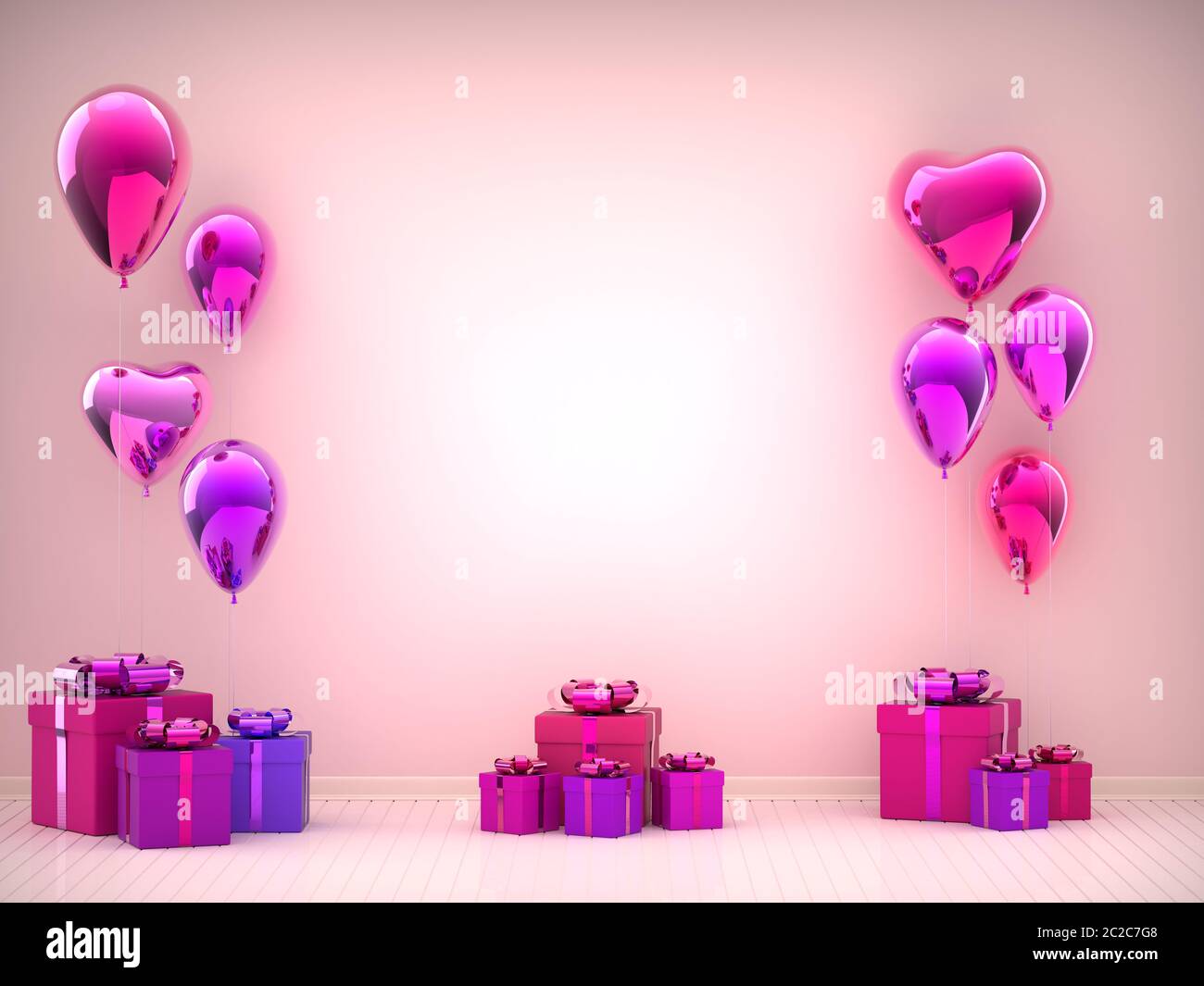 Mock up pink show room with pink heart balloon, birthday gift and ...