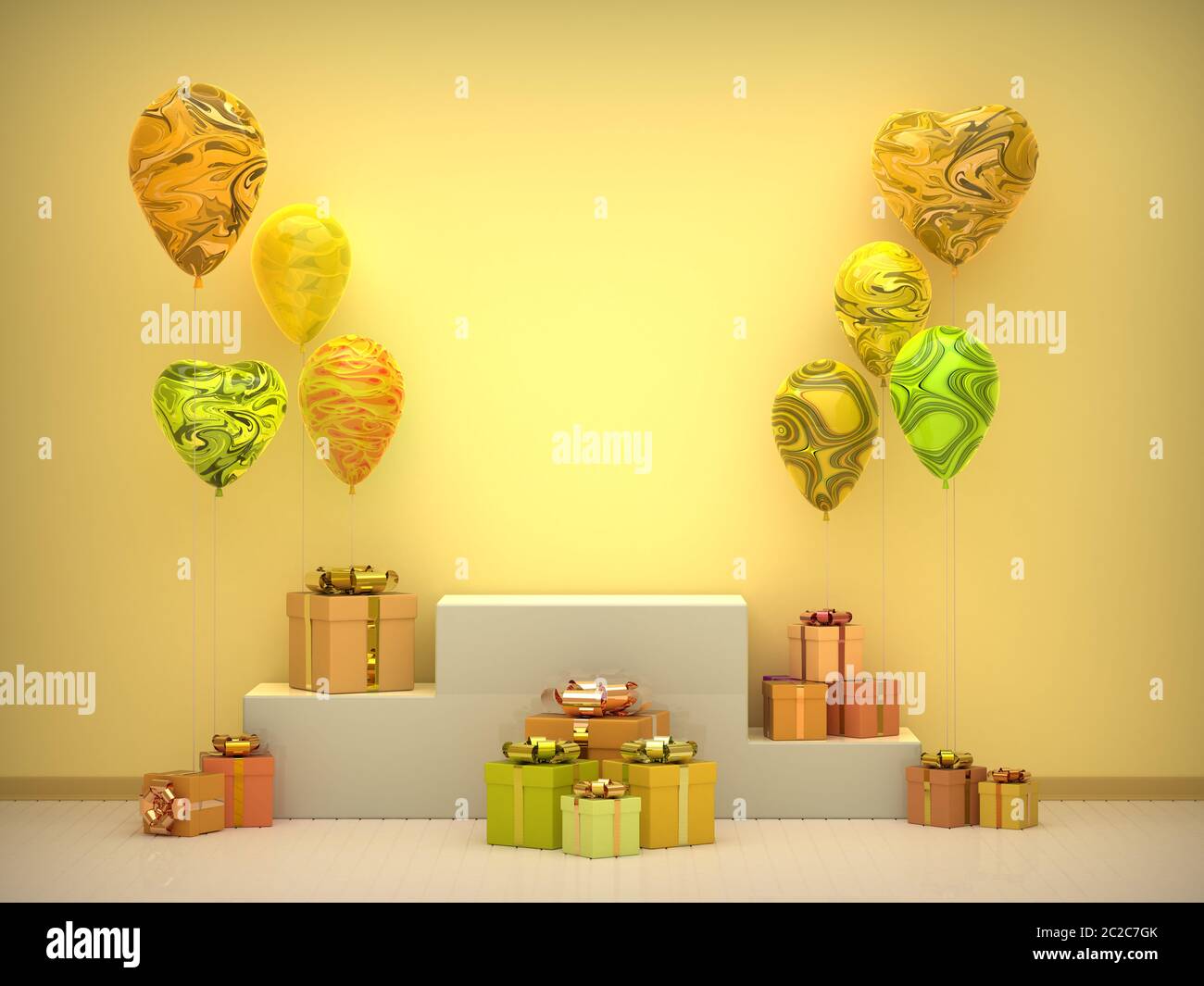 Mock up product pedestal in yellow show room with colorful heart ...