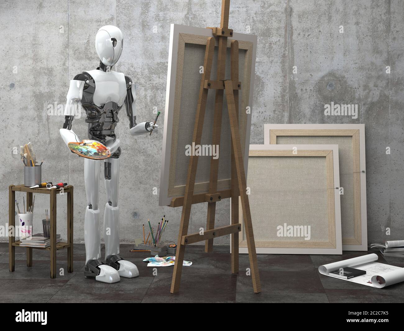A humanoid robot artist paints a picture in an art workshop. Future ...