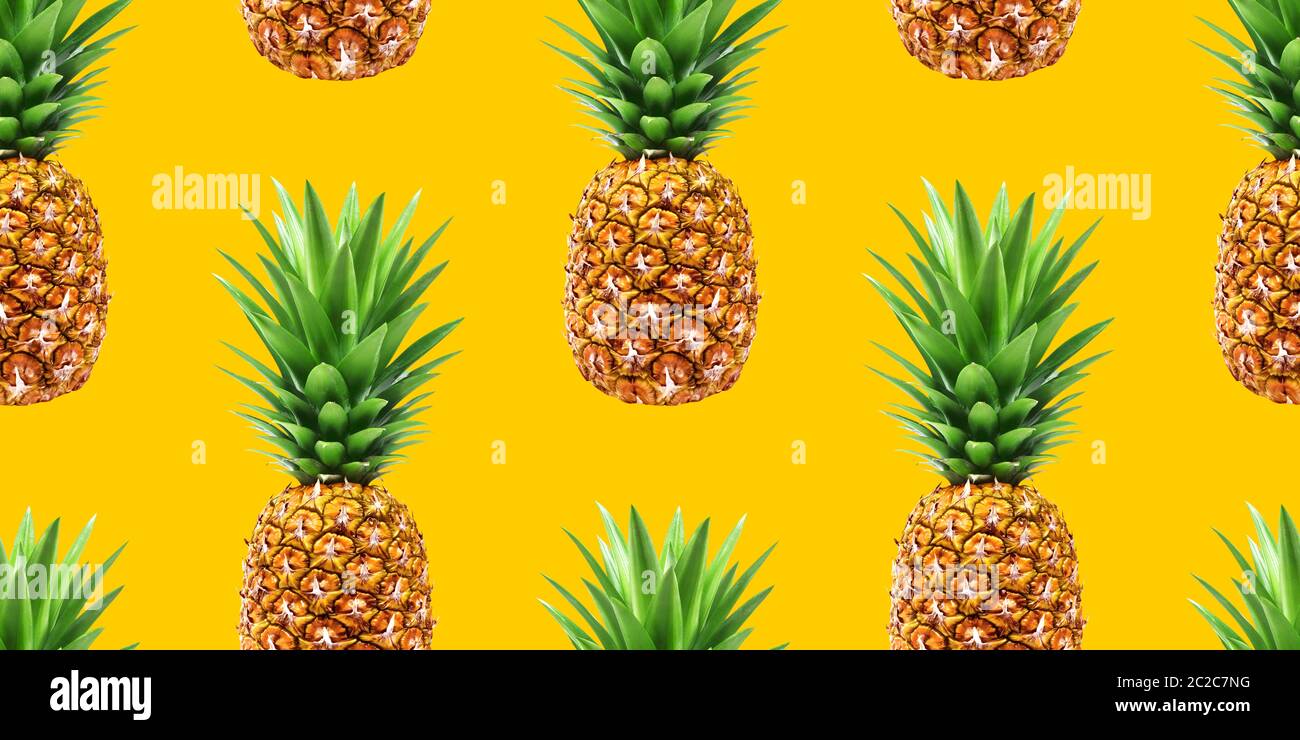 Pineapple, summer ananas seamless pattern on yellow background Stock ...