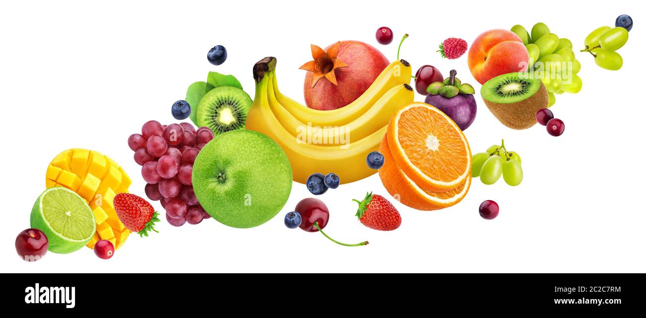 Falling fruit salad isolated on white background with clipping path ...