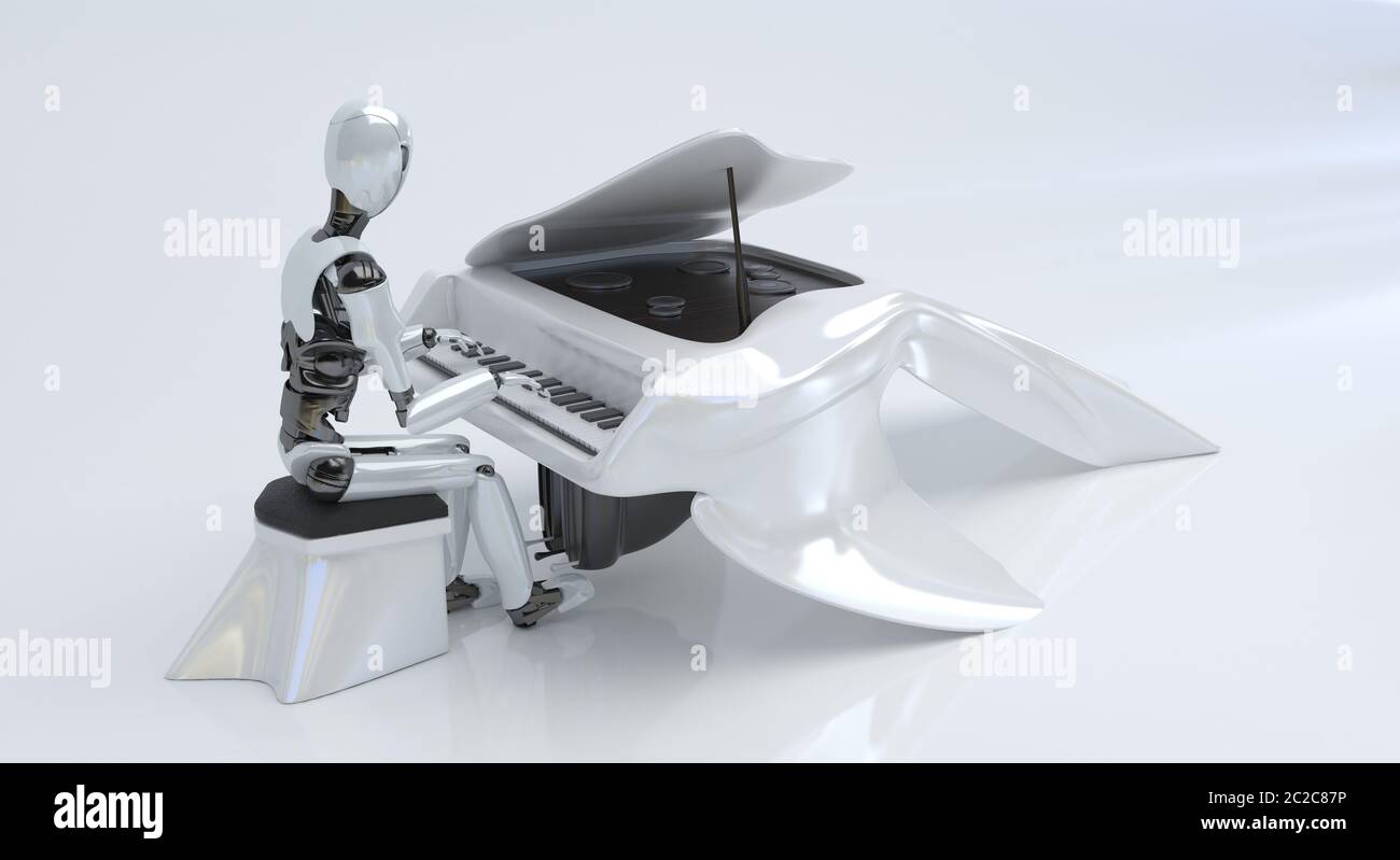 A humanoid robot musician plays the white piano. Future concept with ...