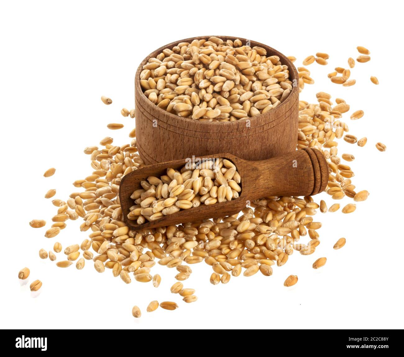 Wheat grains in wooden bowl with scoop isolated on white background ...