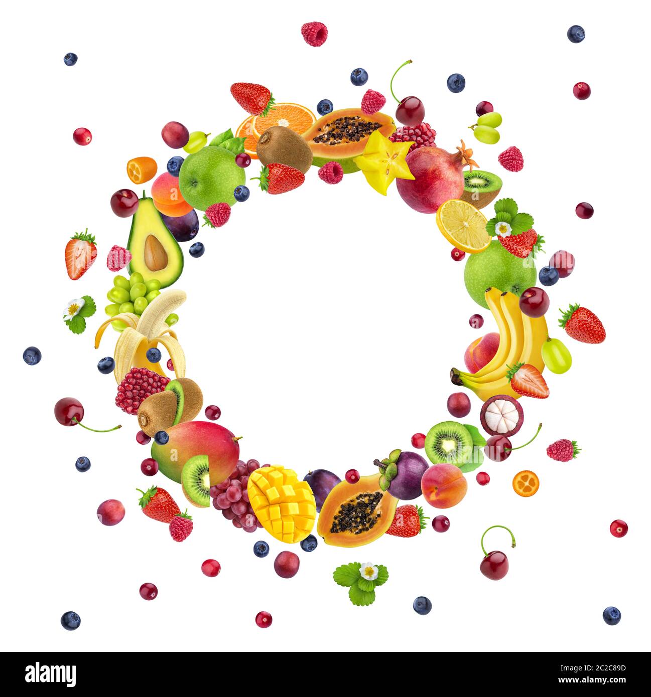 Fruits isolated on white background, round frame made of different ...