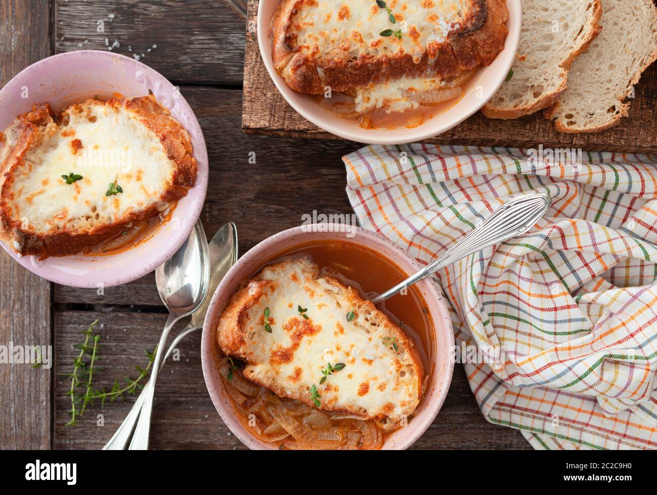 French onion soup with slices of gratinated cheese bread Stock Photo ...