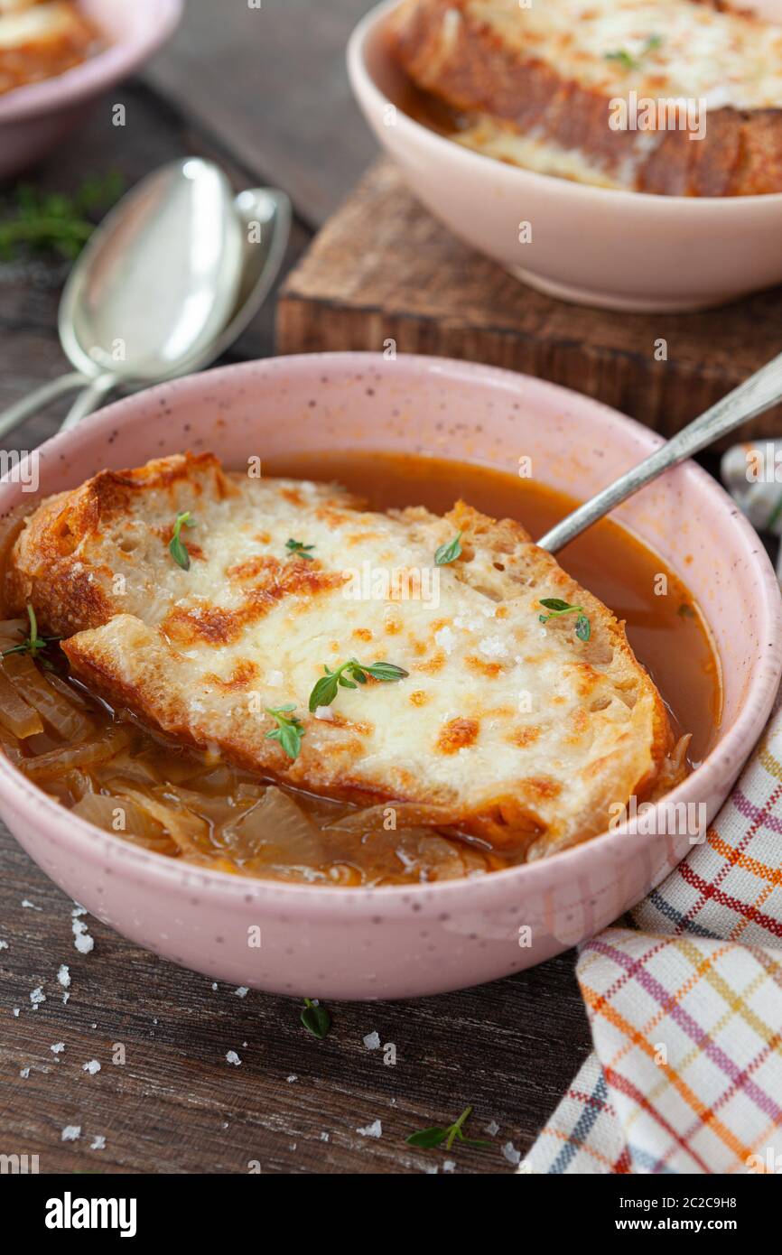 French onion soup with slices of gratinated cheese bread Stock Photo ...