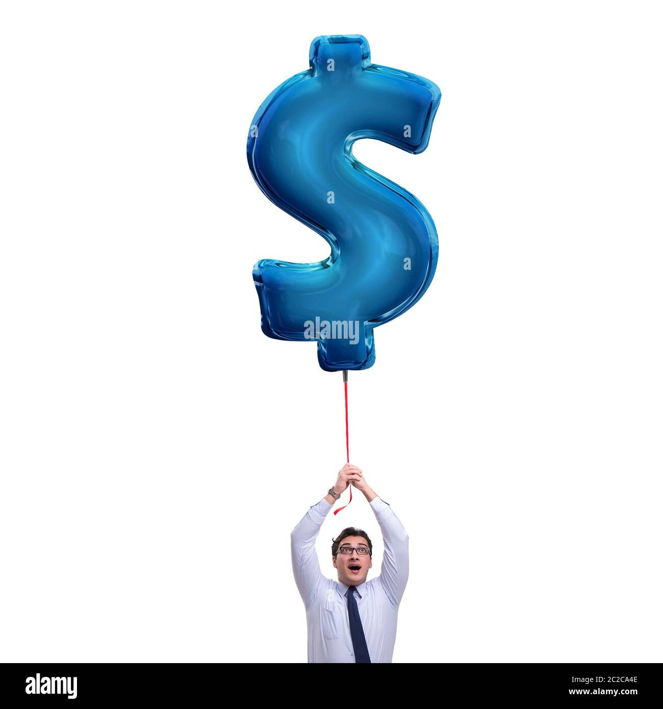 Businessman flying on dollar sign inflatable balloon Stock Photo - Alamy