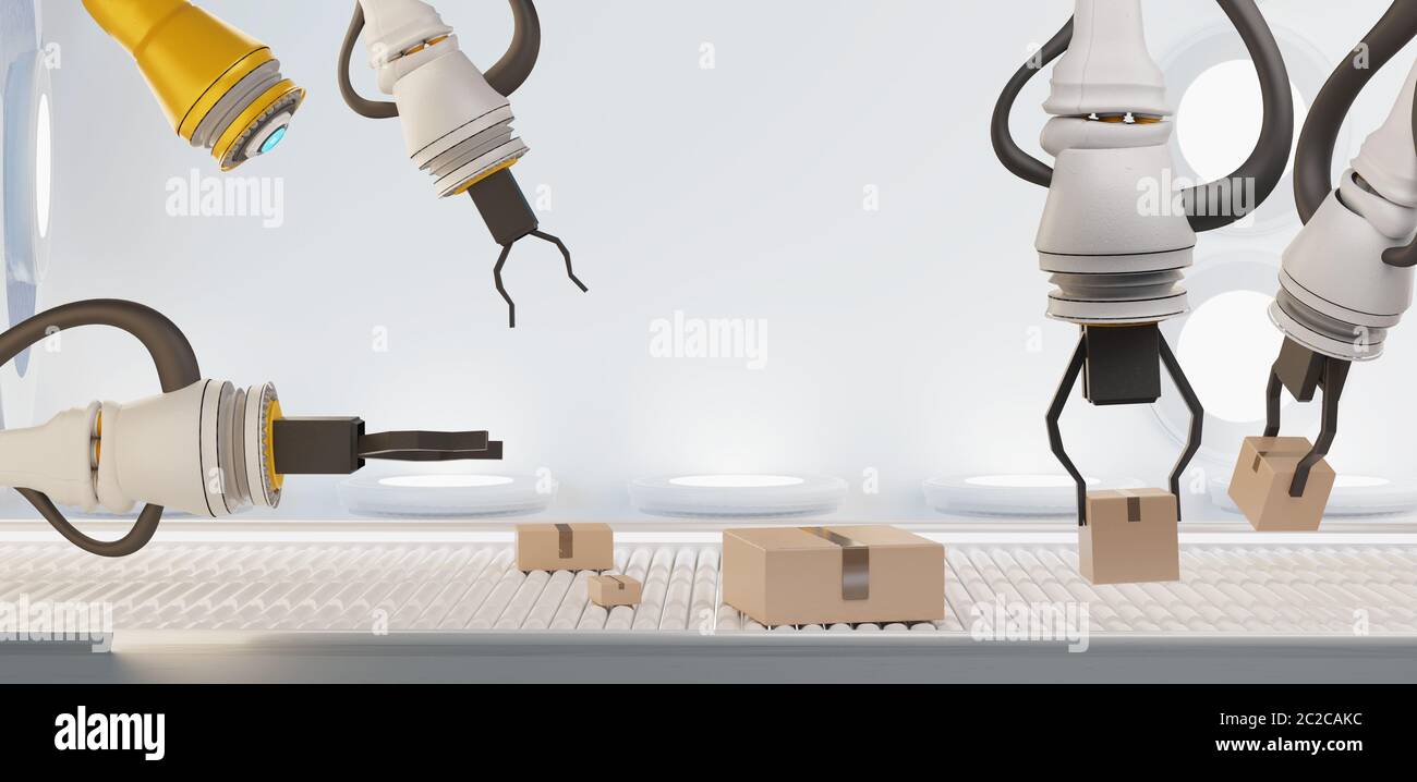 autonomous robot arms with boxes and conveyor belt 3d-illustration ...