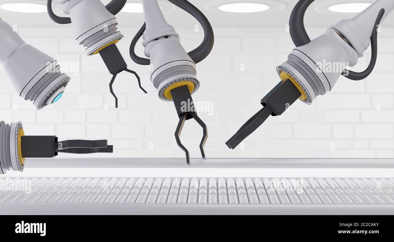 autonomous robot arms and conveyor belt 3d-illustration Stock Photo - Alamy