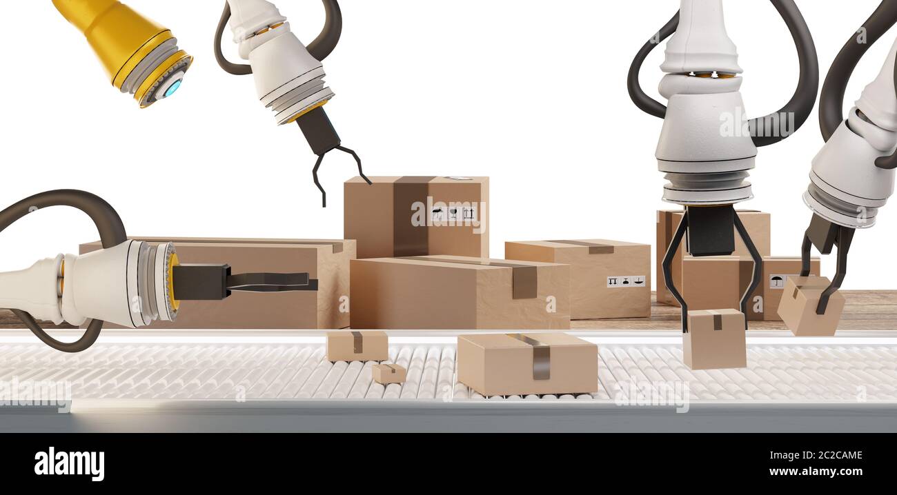 autonomous machines with boxes and conveyor belt 3d-illustration Stock ...