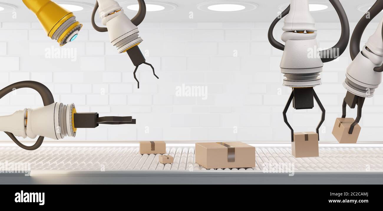 3d rendering robots boxes and conveyor belt 3d-illustration Stock Photo ...