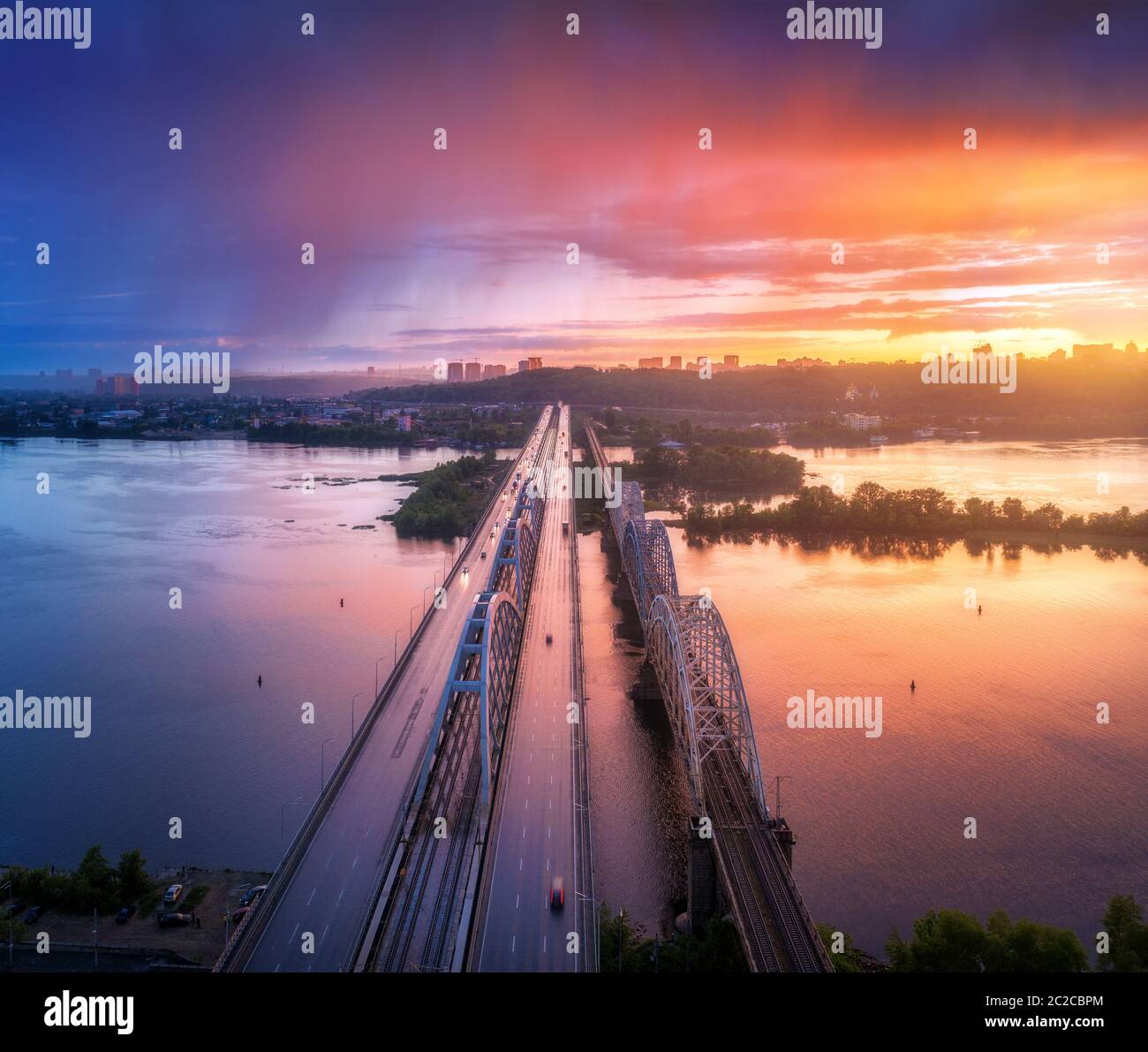 Aerial view of beautiful bridge at sunset in Kiev, Ukraine Stock Photo ...