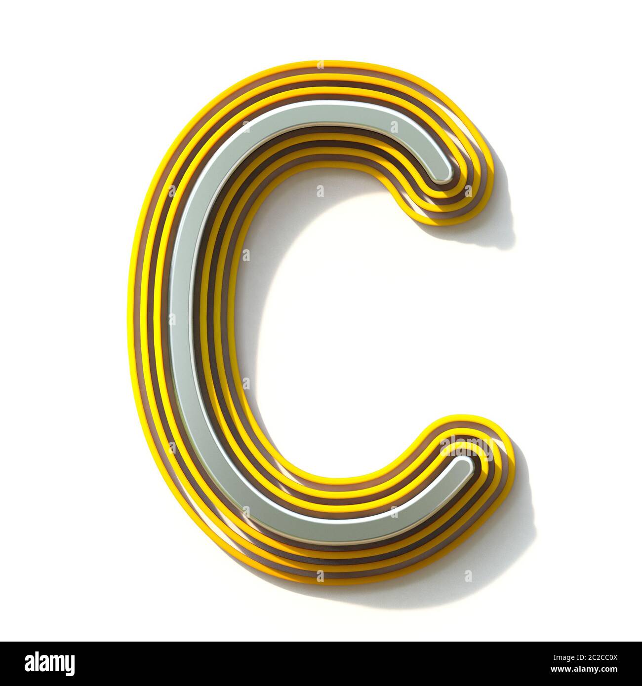 Yellow outlined font letter C 3D render illustration isolated on white ...