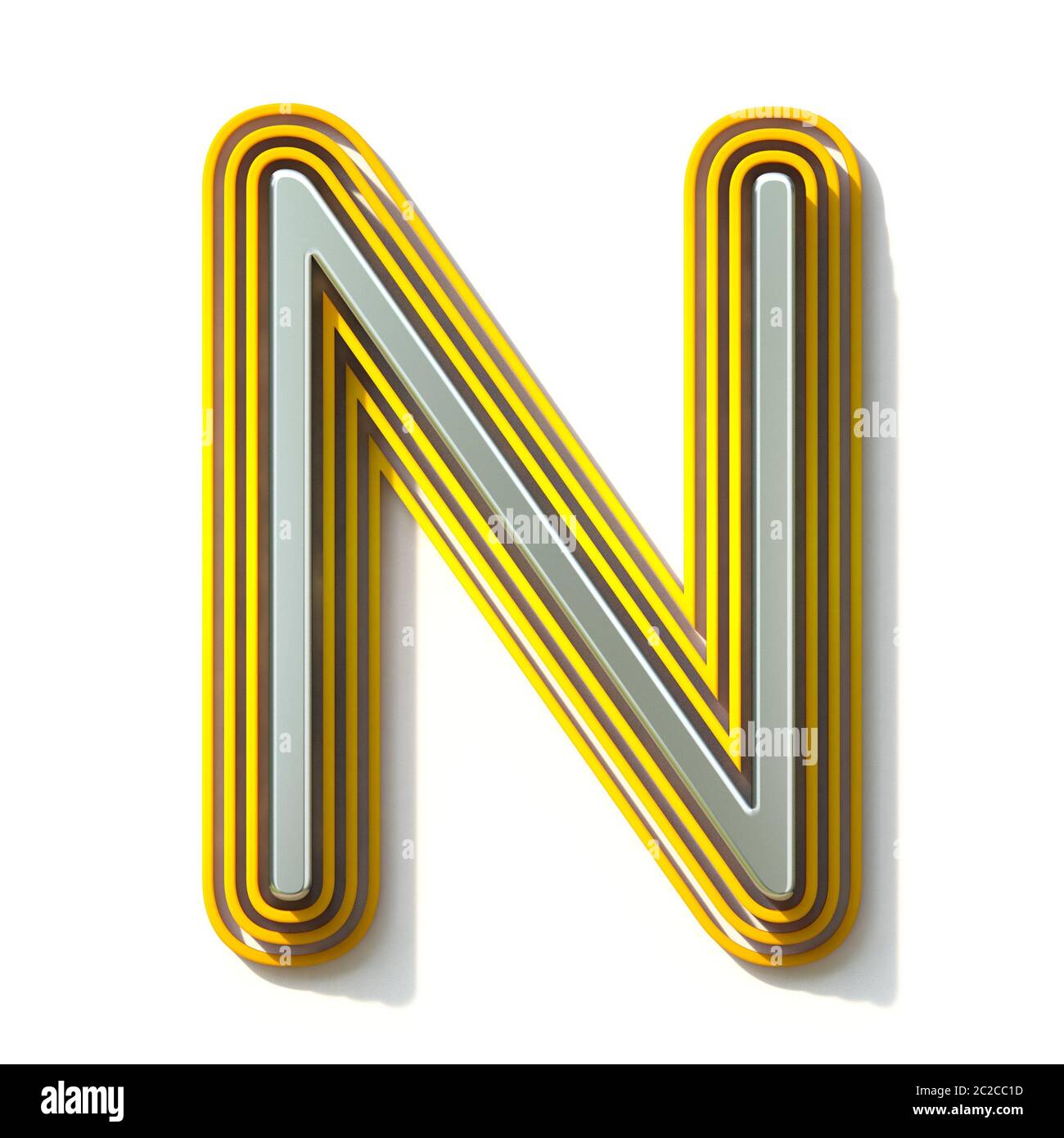 Yellow outlined font letter N 3D render illustration isolated on white ...