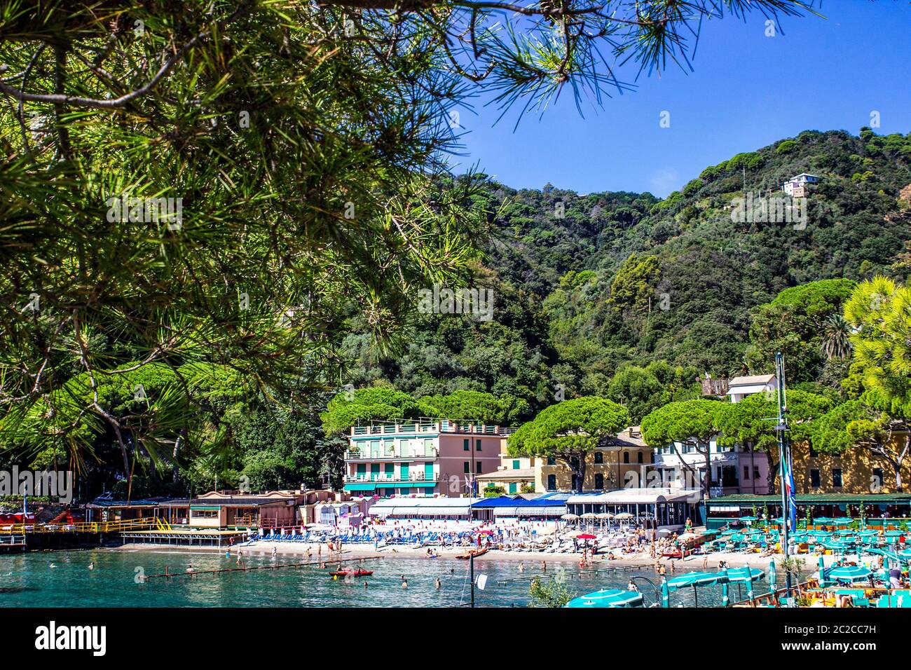 The sand beach known as paraggi near portofino in genoa on a blue sky ...