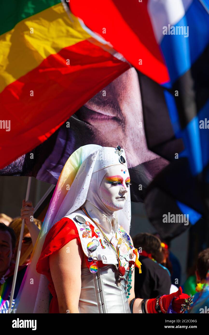 White faced guys at the 2019 Gay Pride march through Cardiff, Wales ...