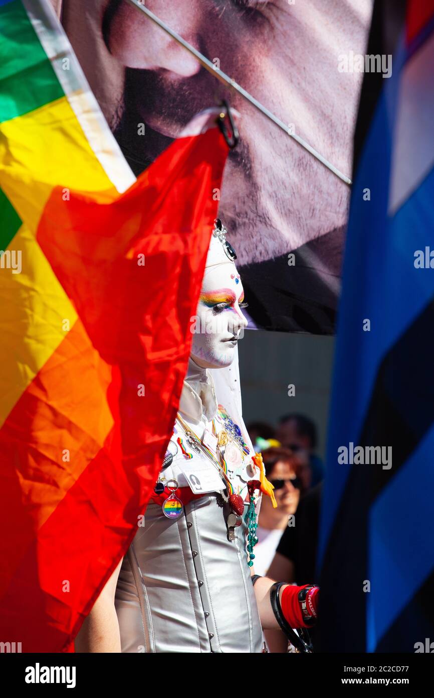 White faced guys at the 2019 Gay Pride march through Cardiff, Wales ...
