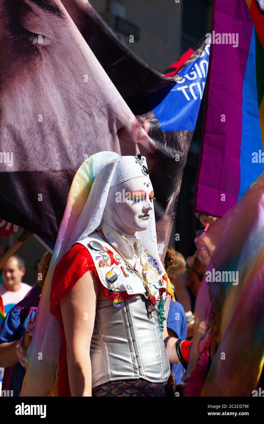 White faced guys at the 2019 Gay Pride march through Cardiff, Wales ...
