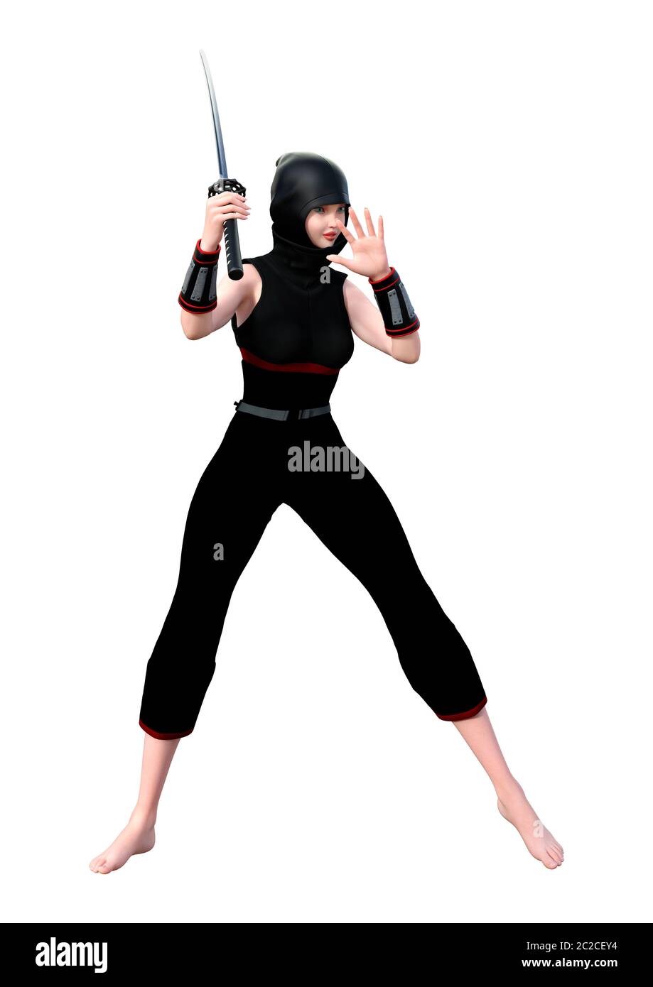 3D rendering of a female ninja holding a sword isolated on white ...