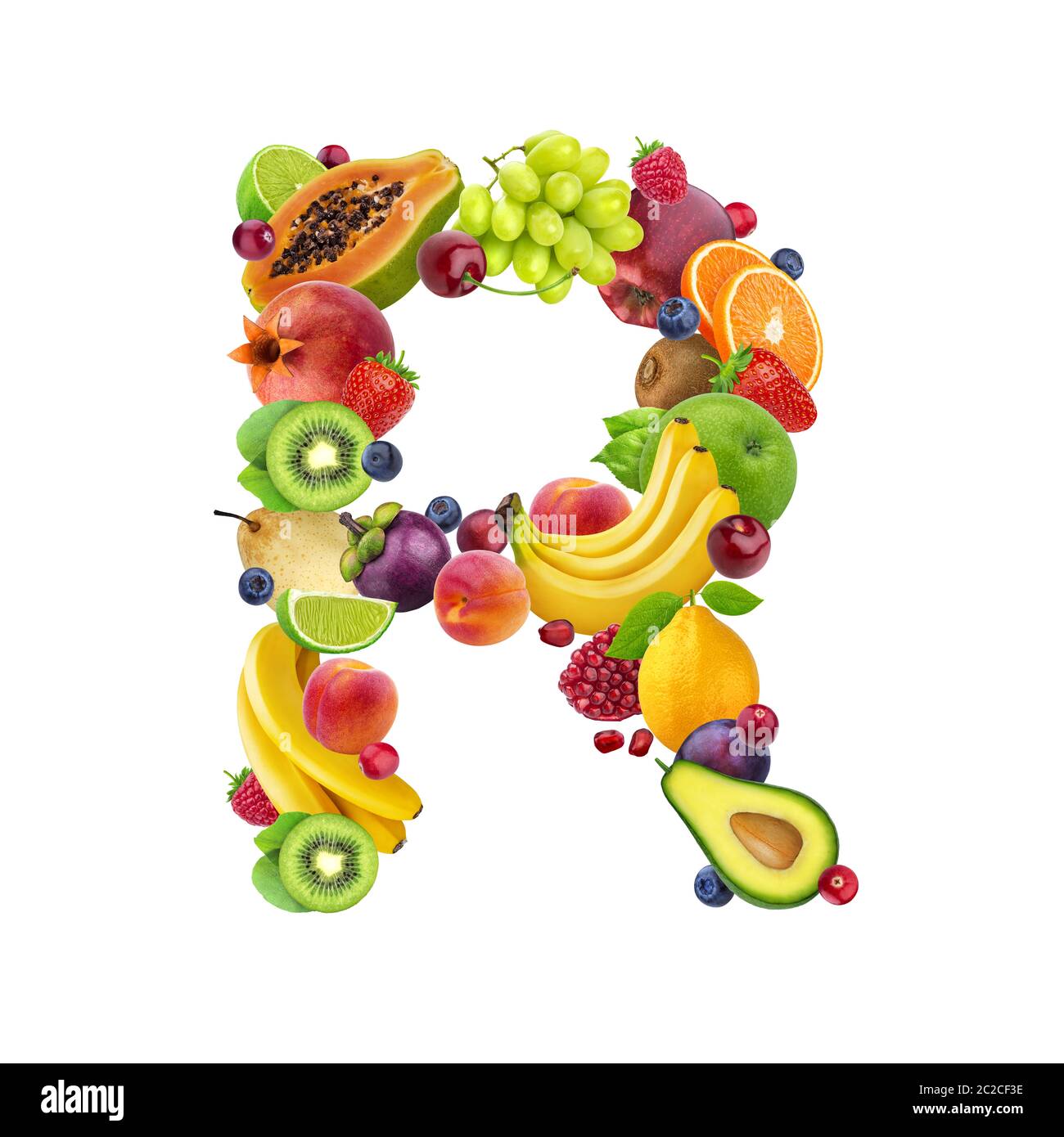 Letter R made of different fruits and berries, fruit alphabet isolated ...