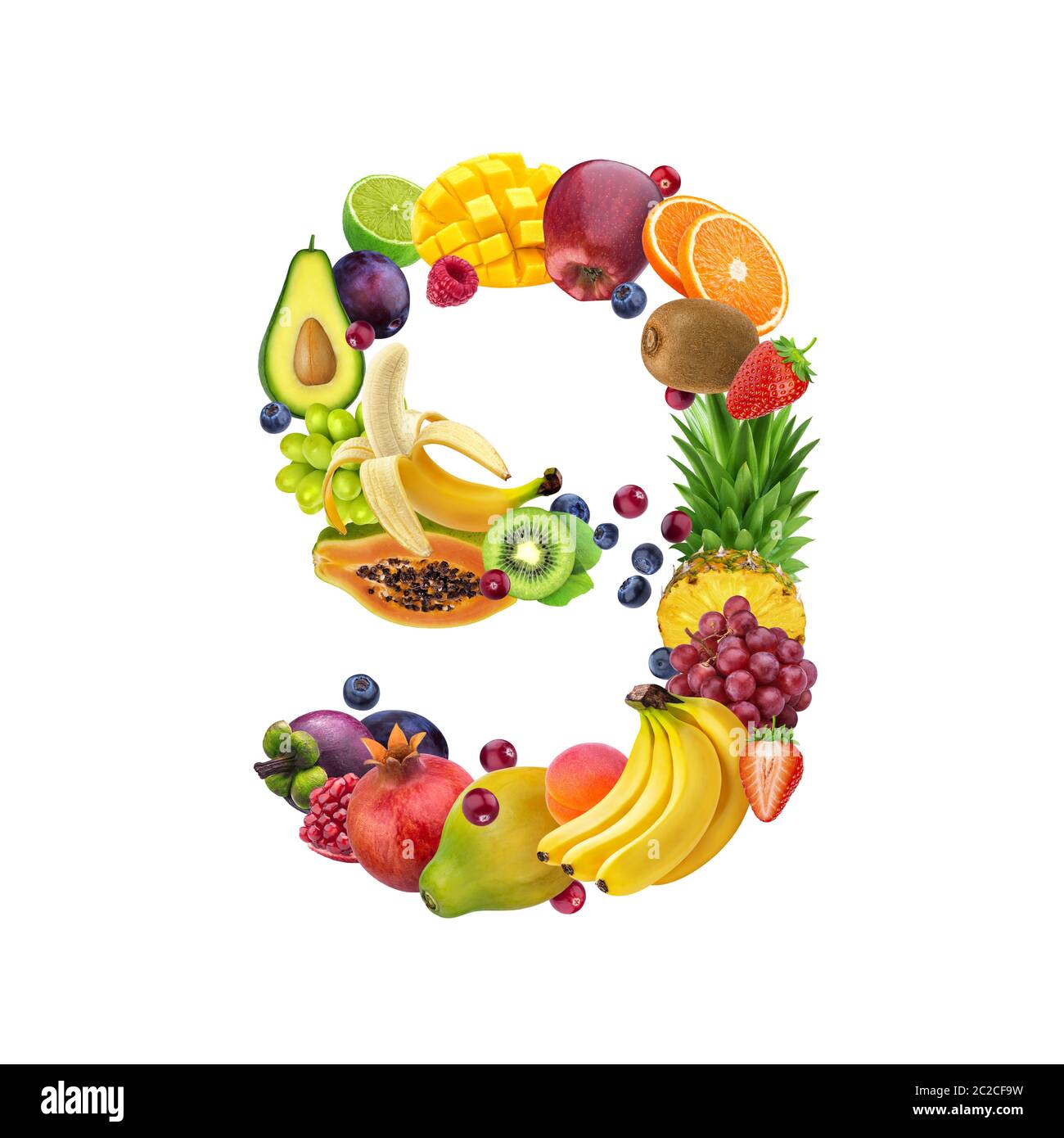 Number nine made of different fruits and berries, fruit alphabet ...