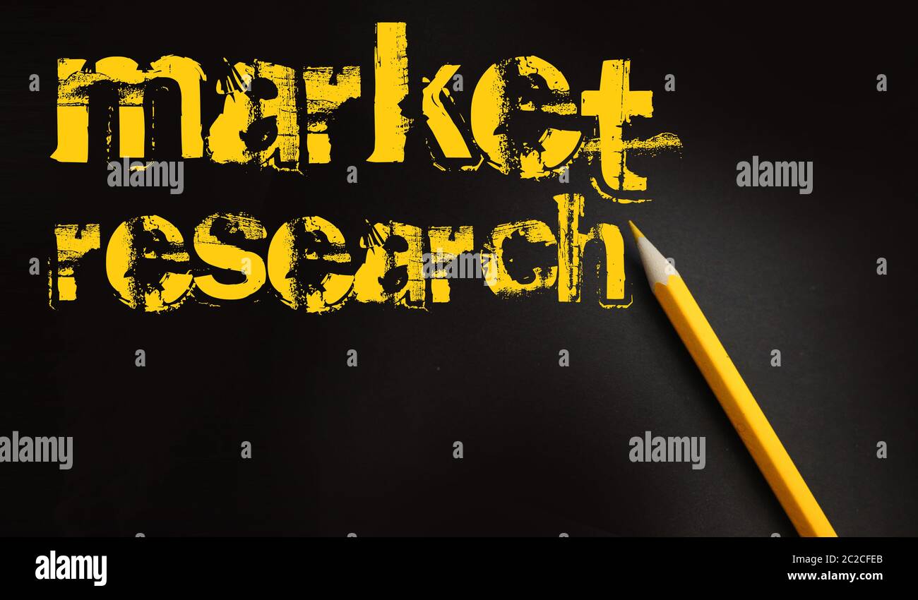 Market research words and yellow pencil on black background. Marketing ...