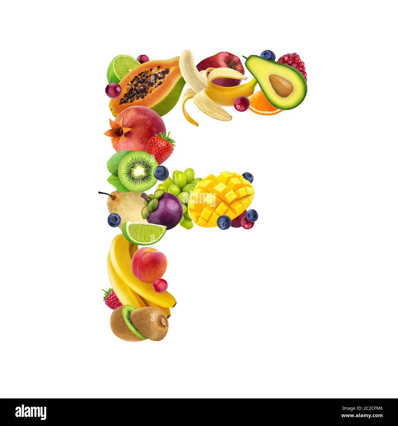 Letter F made of different fruits and berries, fruit alphabet isolated ...