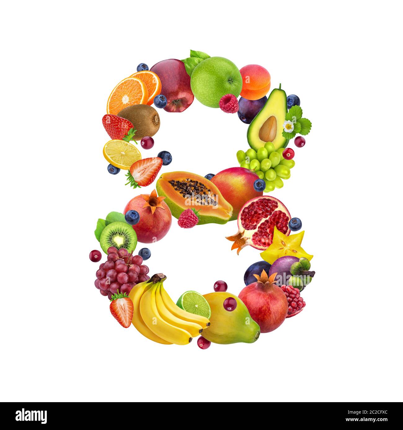 Number eight made of different fruits and berries, fruit alphabet ...