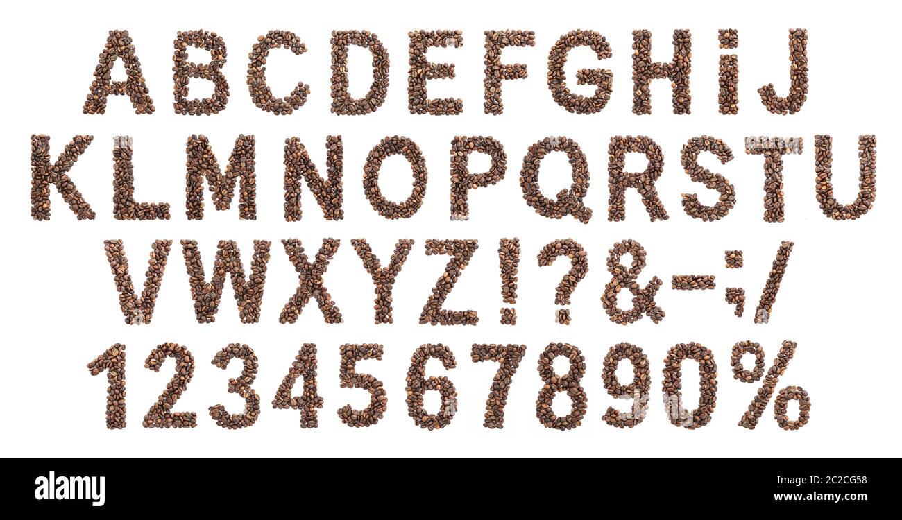 Coffee alphabet, font made from roasted coffee beans, isolated on white ...