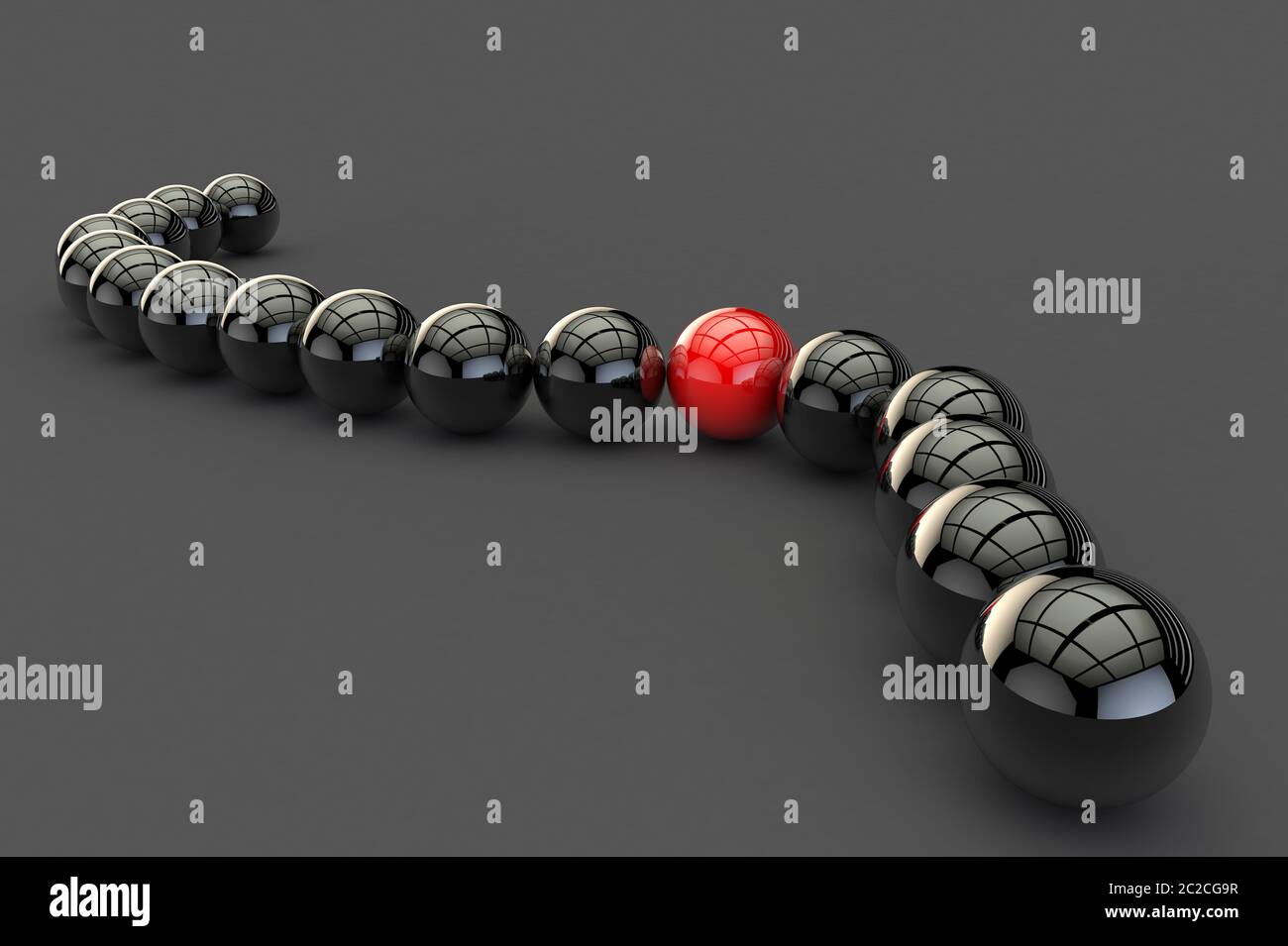 3D illustration. A red ball has infiltrated a chain of black balls ...