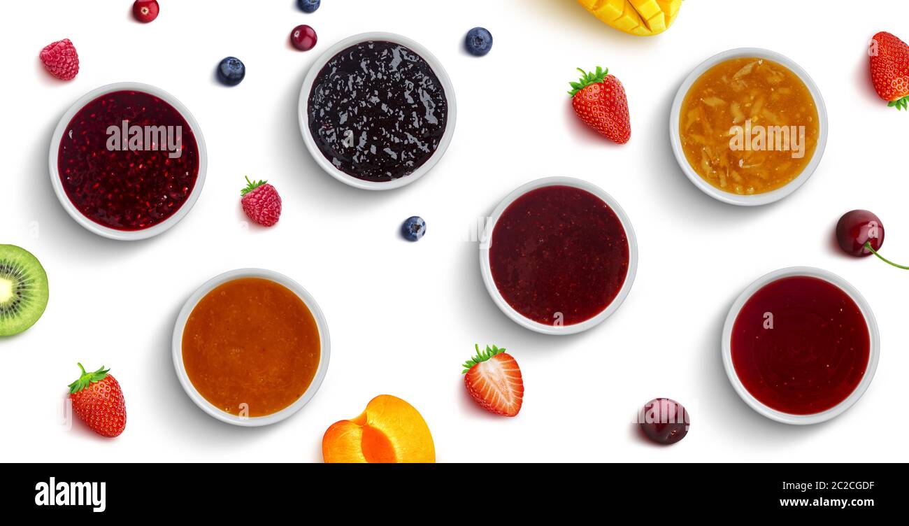 Berry and fruit jams isolated on white background, top view Stock Photo ...